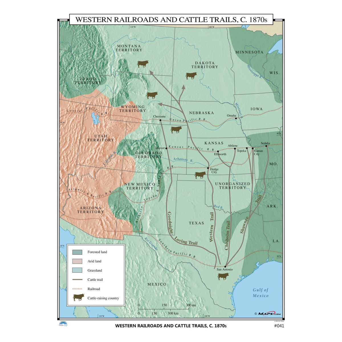 Western Railroads & Cattle Trails Map » Shop U.S. & World History Maps ...