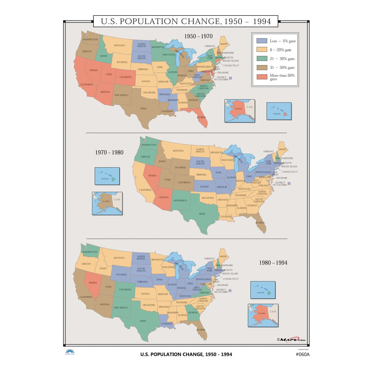 US Population Change 1950-94 Map » Shop U.S. & World History Maps ...