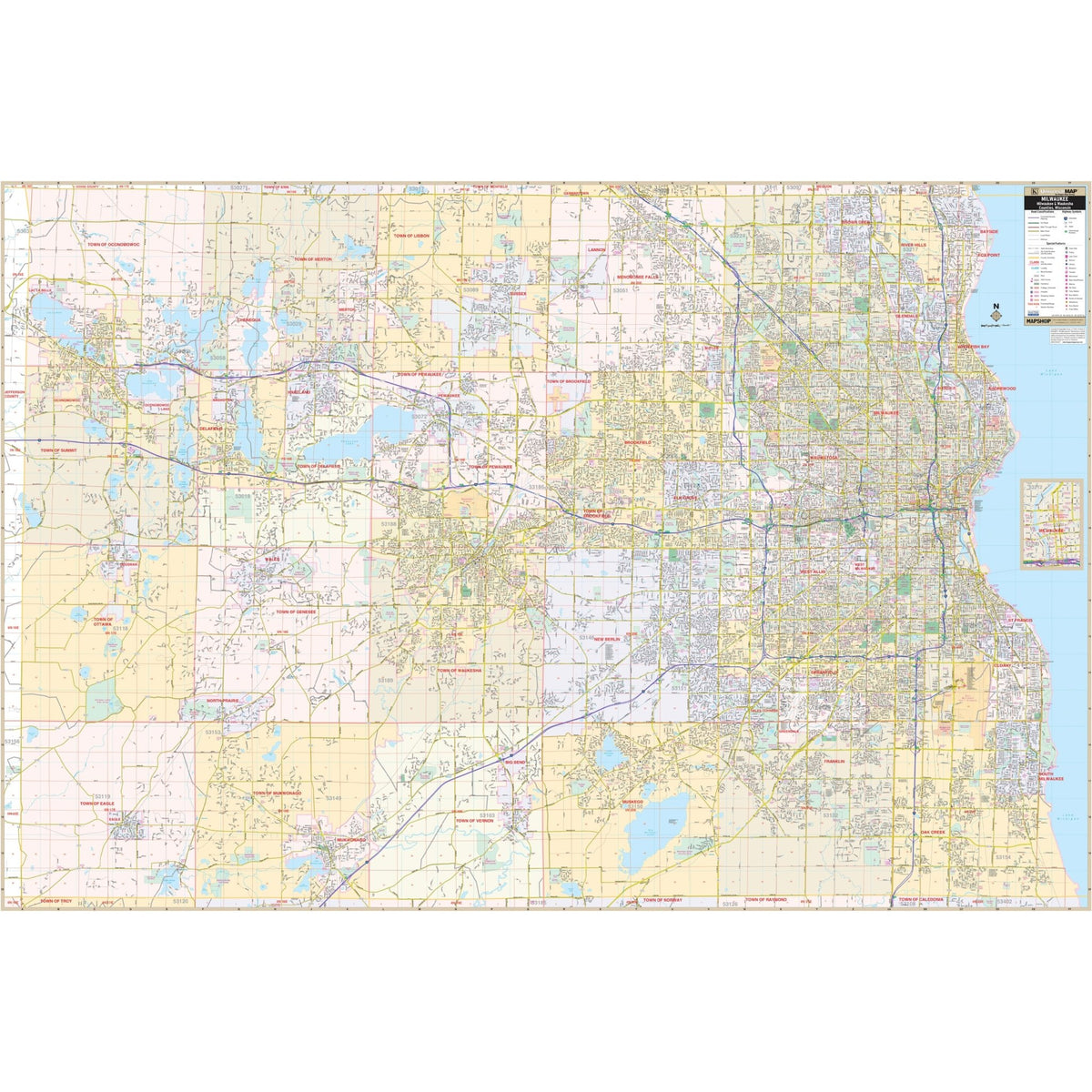Milwaukee & Waukesha Counties WI Wall Map » Shop City & County Maps ...