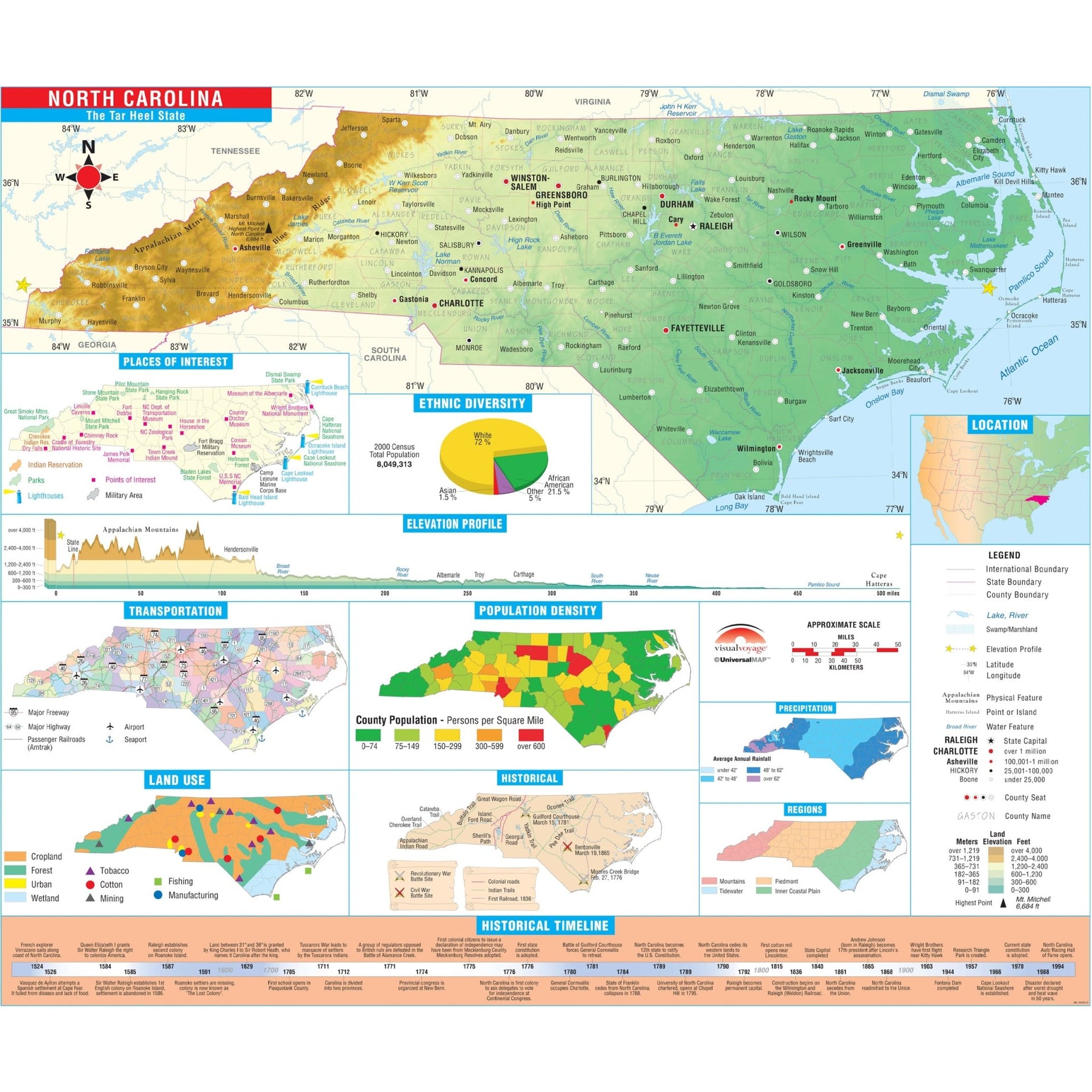 Laminated Map Large Detailed Administrative Map Of North Carolina